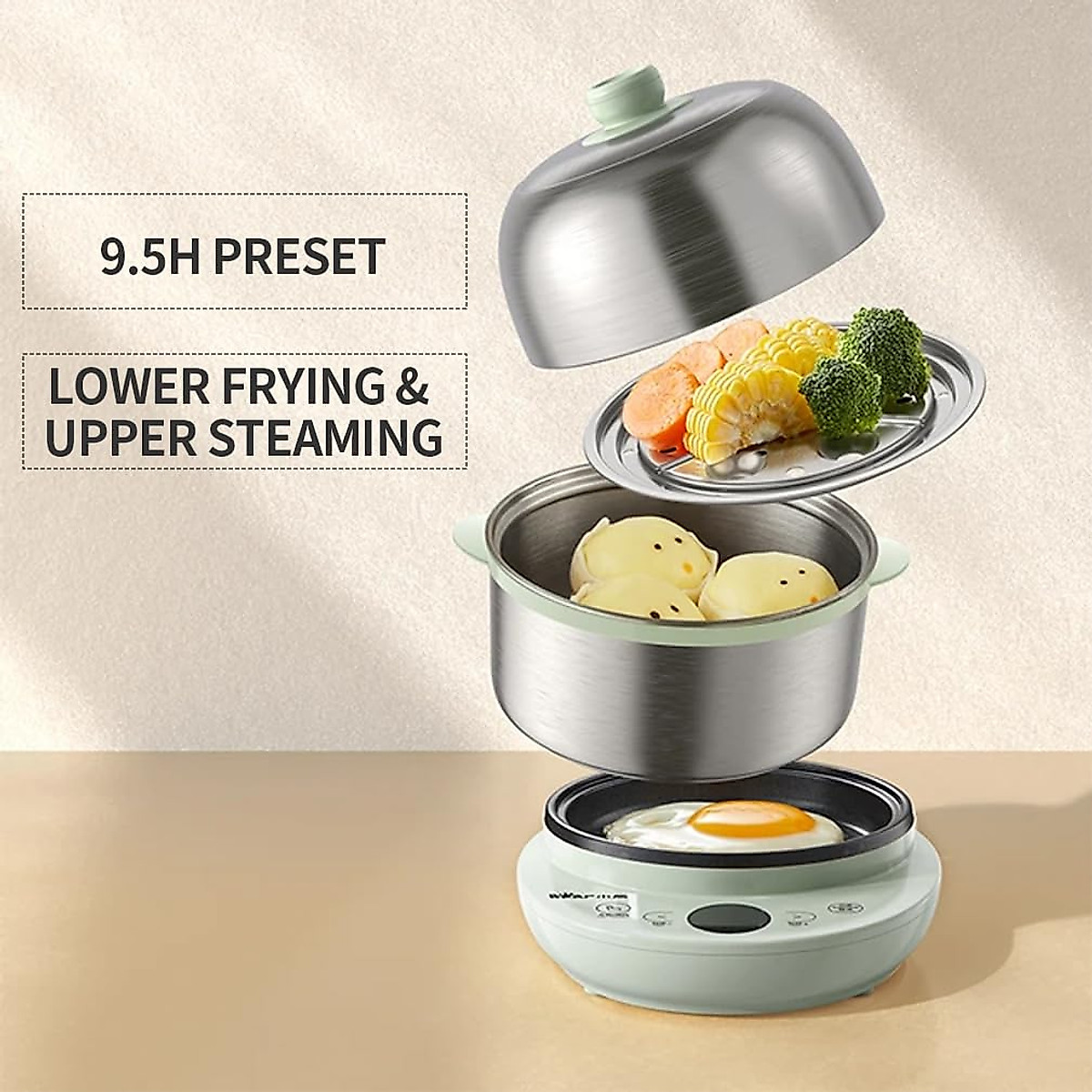 Bar Electric Small Food Steamer 2 Tier, Egg Cooker with Steaming & Frying, Stainless Steel Vegetable Steamer for Cooking, Anti-dry Burn Protection, 9.5h Preset, 360W, ZDQ-B14Y5
