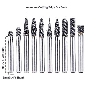 Eyech 10pc Tungsten Carbide Burr Set 1/4" Shank Double Cut Rotary Cutting Burr Set Die Grinder Bits for Steel Metal Wood Woodworking Carving, Polishing, and Engraving