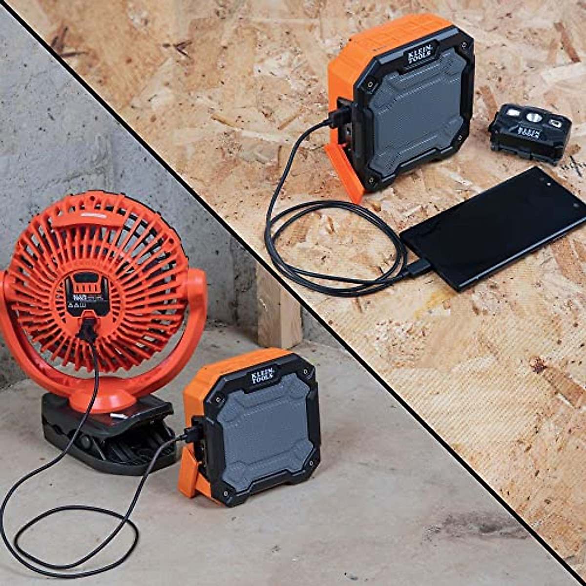 Klein Tools AEPJS3 Bluetooth Jobsite Speaker With Magnet and Hook, 20-Hr Run Time, Charge Devices Via USB A or C Ports, Daisy Chain for Pairing, Hands Free Capable, IP54 Dust and Water Resistant