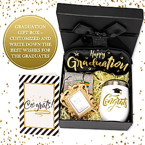 Whaline 8pcs Graduation Gift Box Set for 2024 Graduates Congrats Grad Gift Basket Including Tumbler Mug Eye Mask Photo Frame Sock Bracelet 20g Yellow Raffia Greeting Card for Grad Party Favor Present