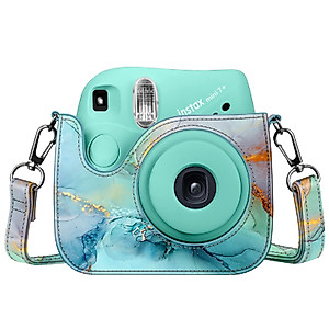 Fintie Protective Case for Fujifilm Instax Mini 7+ Instant Camera - Premium Vegan Leather Bag Cover with Removable Adjustable Strap, Emerald Marble