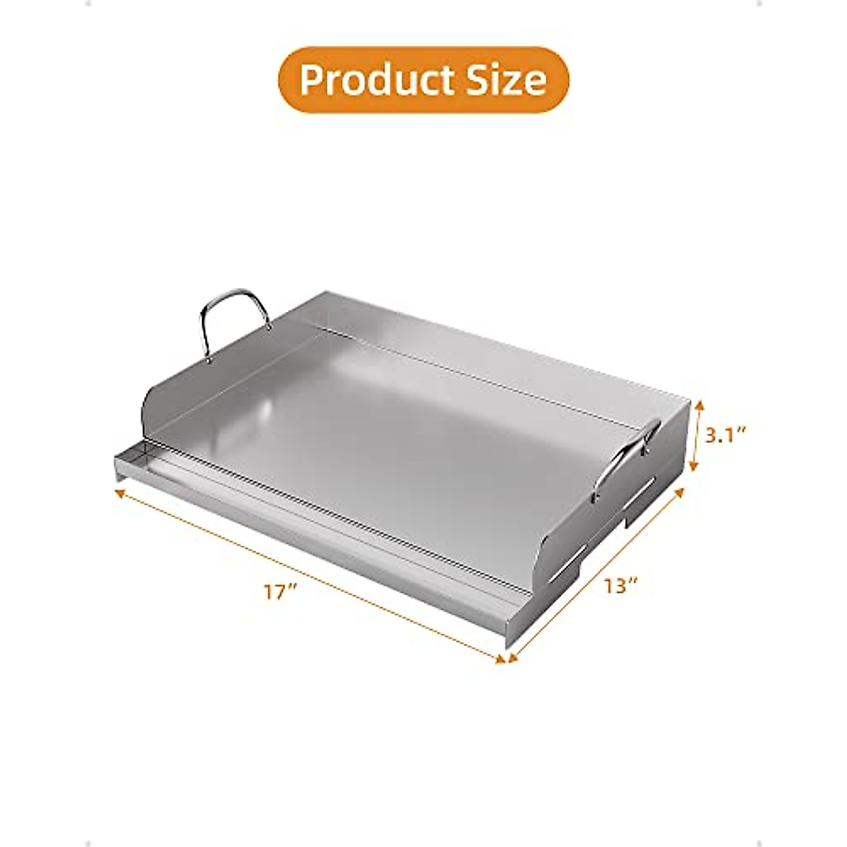 RIEDHOFF 17" x 13" Griddle, [430 Stainless Steel] Flat Top Rectangular Plate with 2 Barbecue Spatula for Charcoal/Gas Grills, Parties, Camping
