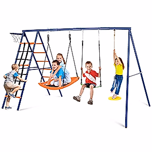 Swing Sets for Backyard 550 lbs - 6 in 1 Multifunction Kids Swing Set Outdoor Heavy Duty Extra Large Metal Swing Frame with 3 Adjustable Swing Climbing Net Climbing Ladder Basketball Hoop