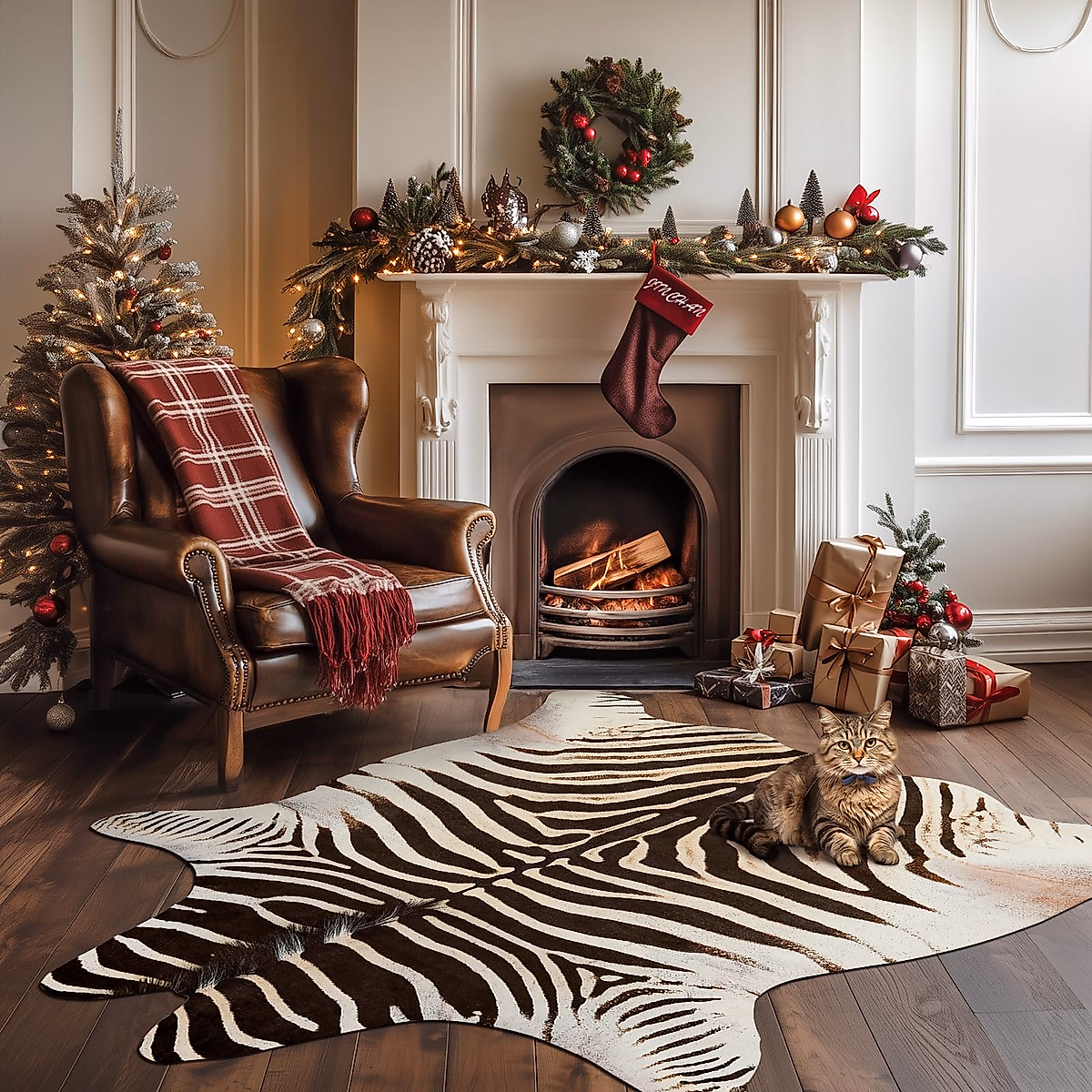 jinchan Zebra Print Area Rug Faux Skin Cowhide Animal Design Mat Faux Suede Indoor Floorcover for Bedroom Living Room 5x6 Safari Design