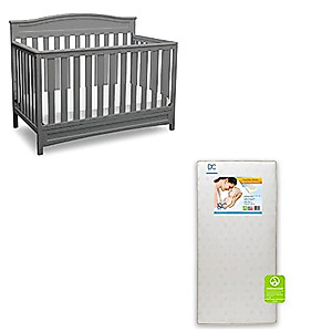 Delta Children Emery 4-in-1 Crib, Grey with Twinkle Stars Crib & Toddler Mattress