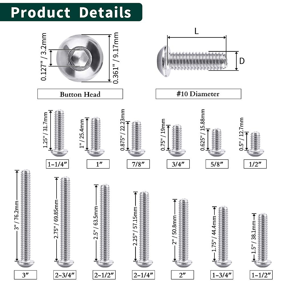 #10-32 x 3/4" (50 PCS) Button Head Socket Cap Bolts Screws, 304 Stainless Steel 18-8, Allen Hex Drive, Full Thread