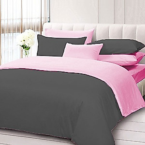100% Pure Cotton Real 600 Thread Count 5 Piece Reversible Duvet Set, 1 Piece Reversible Duvet Cover With Zipper Closure & Corner Ties And 4 Pillow Cover (Full/Queen Size, Dark Grey/Pink)