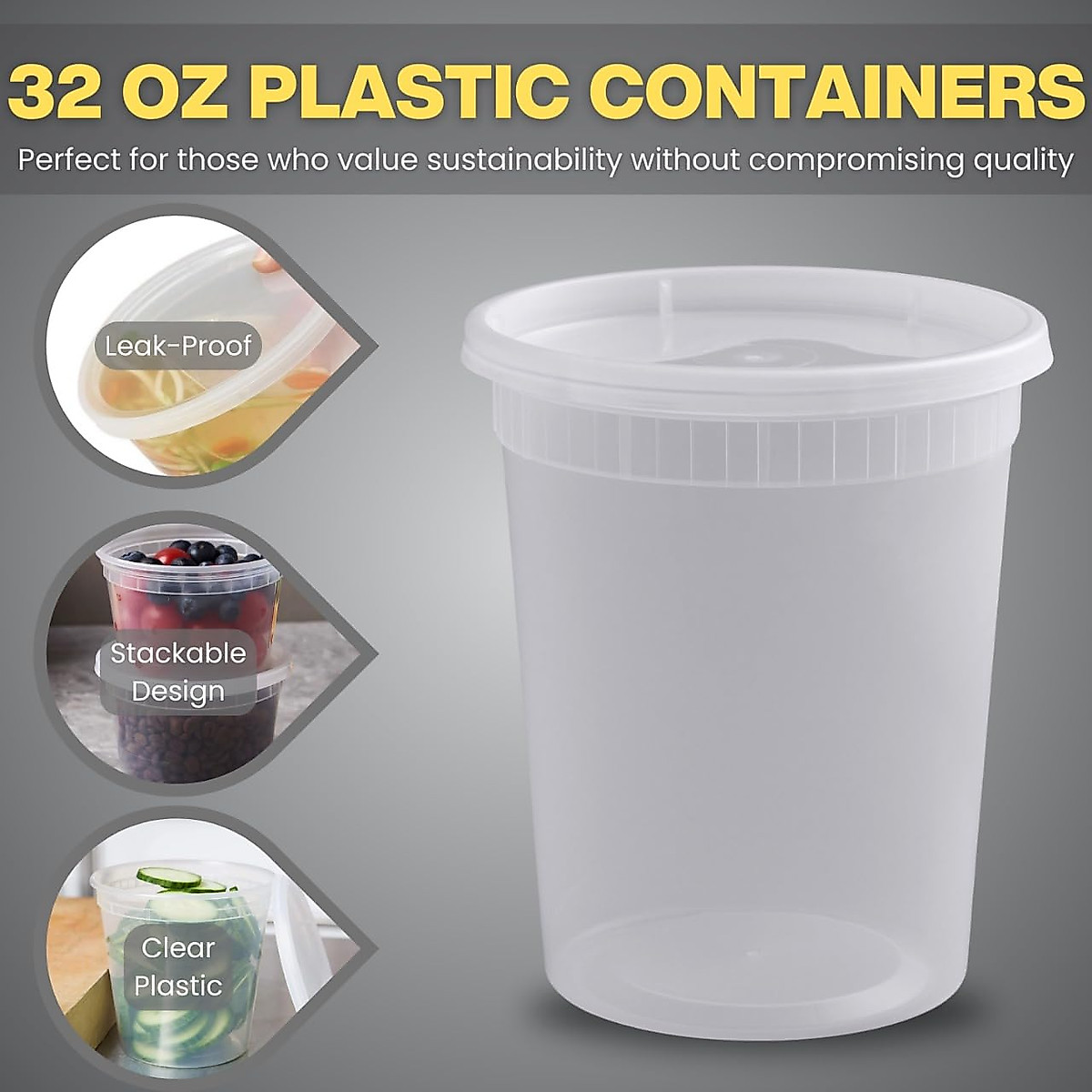 Smygoods 32oz Plastic Deli Containers with Lids - 15 Pack - BPA Free - Leakproof - Stackable - Microwave and Freezer Safe - Clear - Lunch Containers for Food Storage