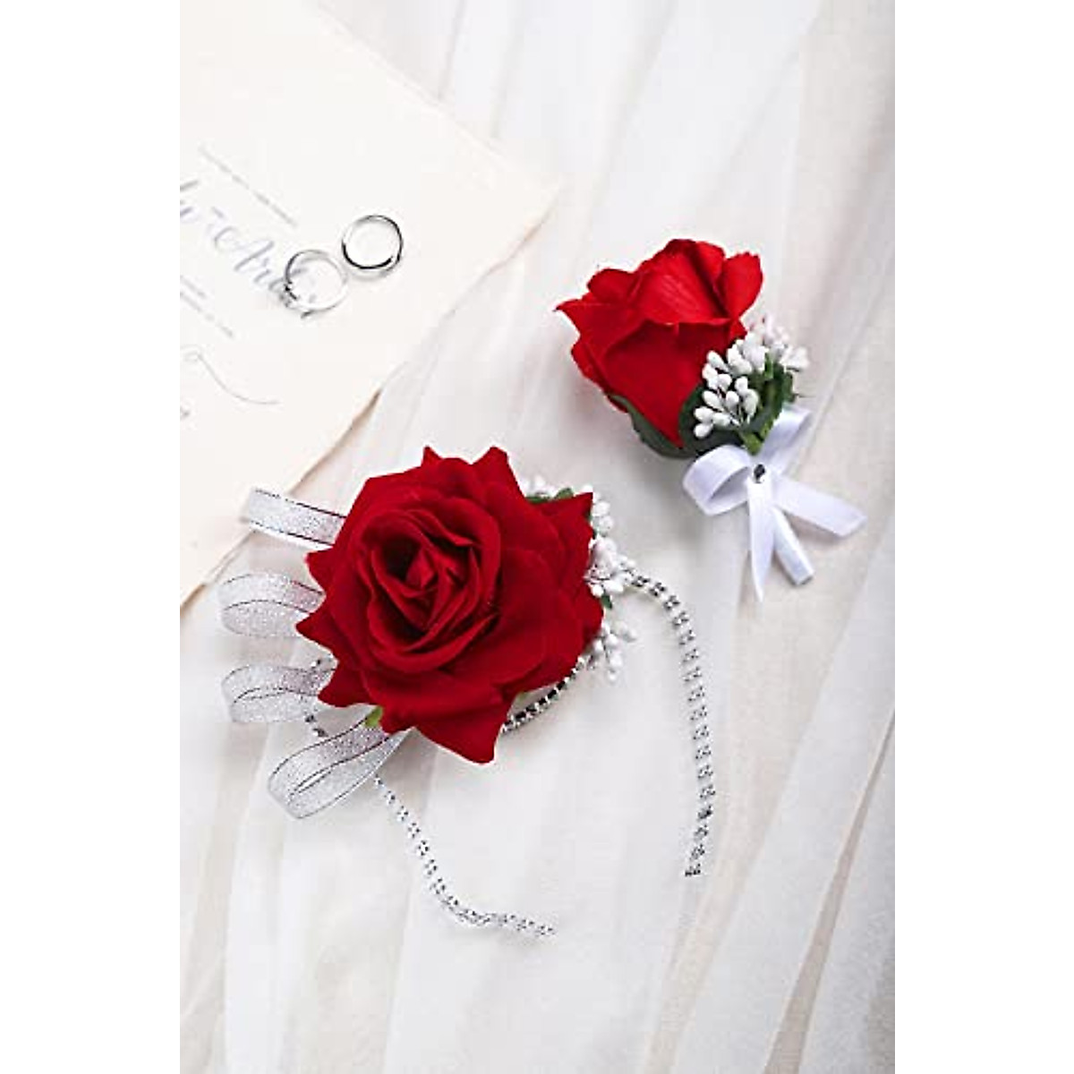 Aivanart Corsage and Boutonniere Set for Weddings，Burgundy Red Artificial Flower Wristlet Boutineers for Bride Shower Prom Formal Dinner Party Anniversary