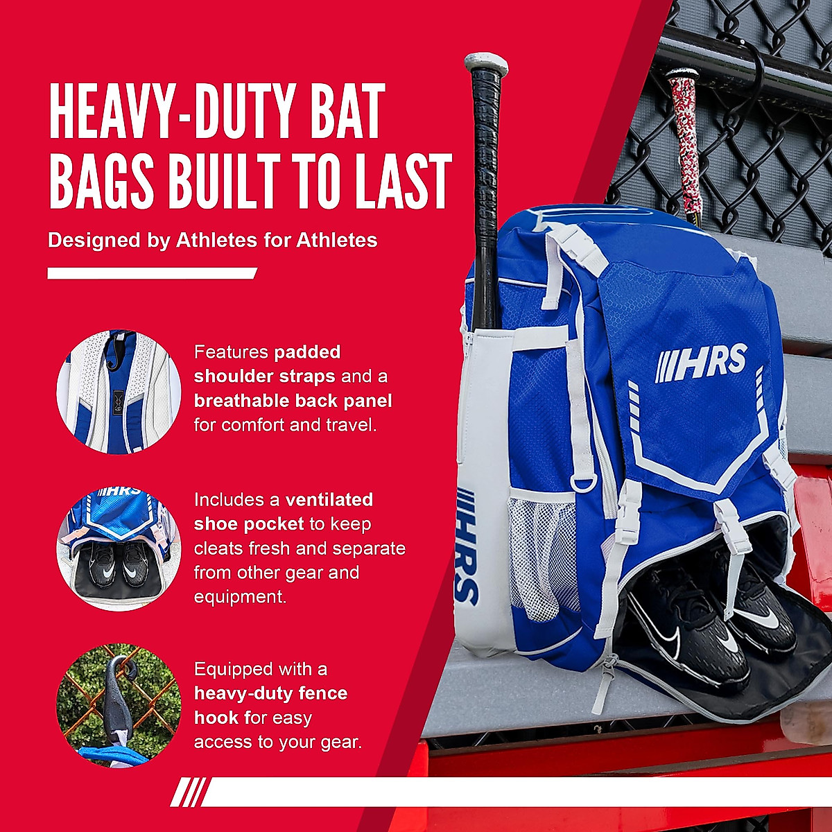 Hit Run Steal Blue Softball Baseball Bag - Holds 4 Bats, Glove, Water Bottle, Shoe Compartment, Helmet, Fence Hook for Equipment & Gear