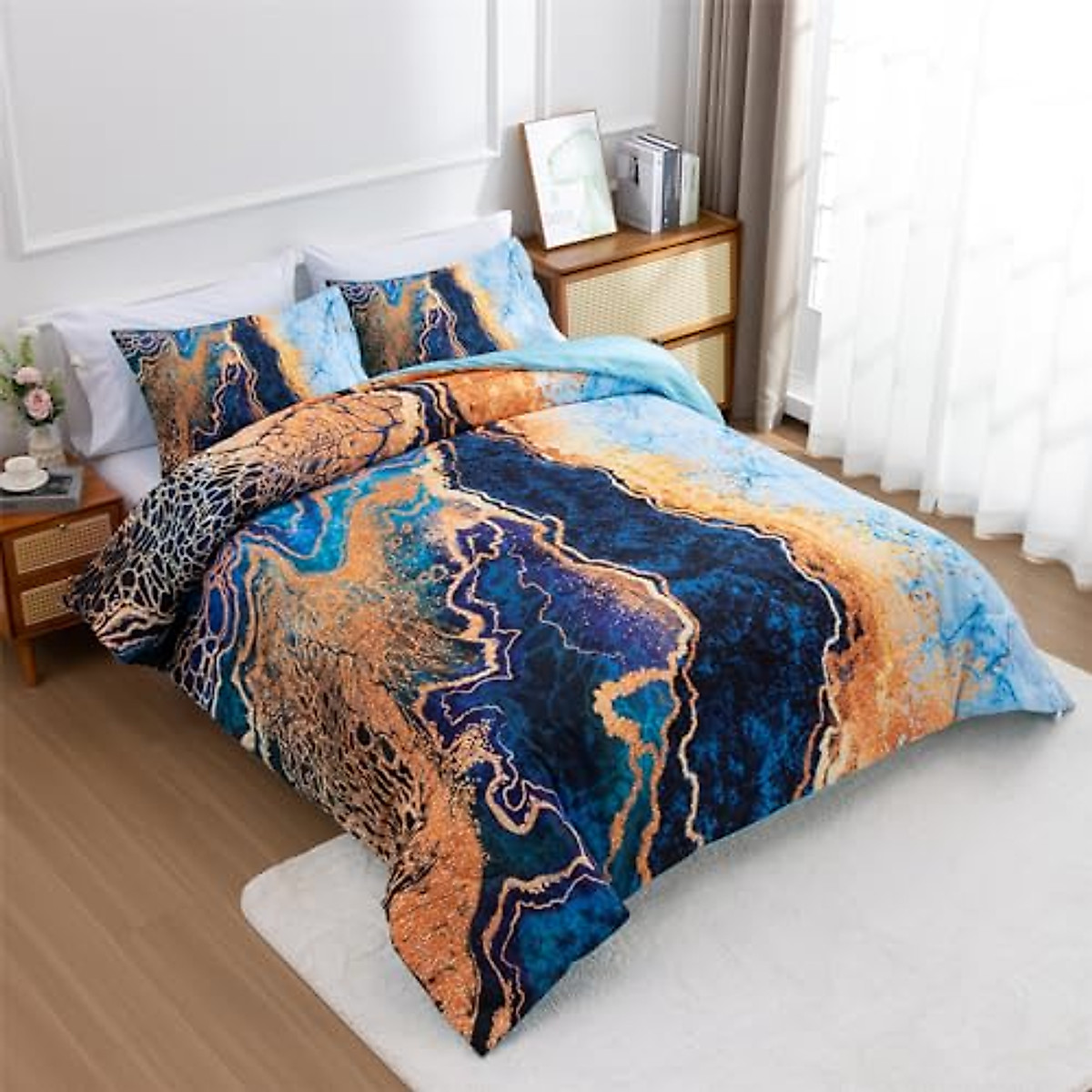 A Nice Night Marble Like Burning Mountain Printed Bedding Set,Retro Style Watercolor Artwork Design,Ultra Soft Comforter Set (Blue, Twin(68-by-88-inches))