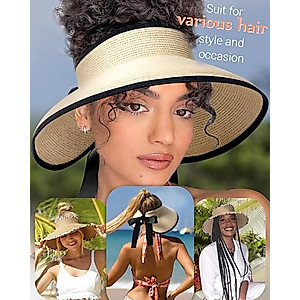 Camptrace Sun Visors for Women Wide Brim Beach Hat UPF 50+ Foldable Straw Visor Hat Ponytail Summer Packable Beige