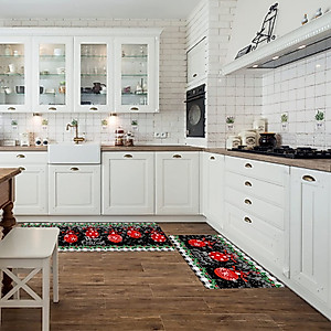 Kitchen Mat Rug Set of 2 Christmas Red Ball Winter Snow Black Buffalo Plaid Runner Rug Anti-Fatigue Comfort Memory Foam Standing Mat Non-Slip Floor Door Mat for Bathroom Bedroom 18x30in+18x60in