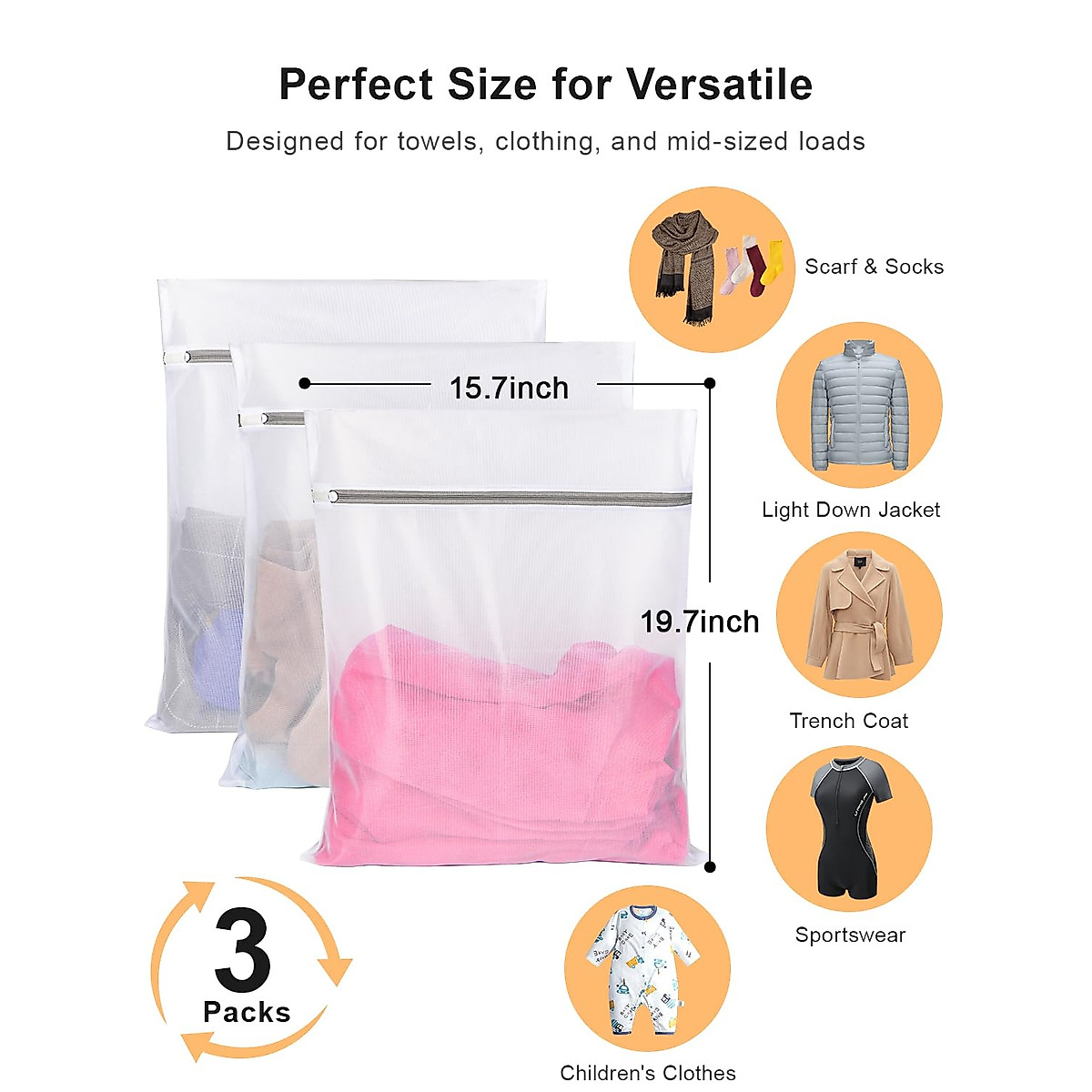 Anyongora 3Pcs Long-Lasting Mesh Laundry Bags (15.7x19.6 Inches) - Protects Delicates, Fine Mesh, Reusable Laundry Bag for Delicates, Laundry Bags Mesh Wash Bags for Home, Travel, Dorm, Gym