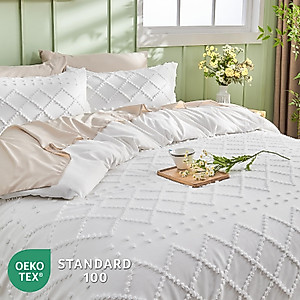 HYMOKEGE Duvet Cover Queen Size, Boho Tufted Queen Duvet Cover 3 Pieces, Soft & Lightweight Shabby Chic, Embroidery Bedding for All Seasons, 1 Duvet Cover 90" × 90" & 2 Pillow Shams, White