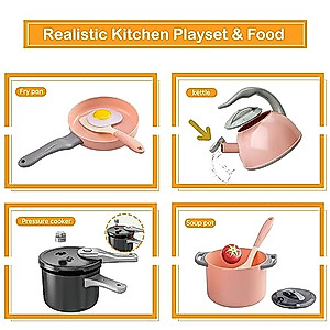 Zero Zoo 33Pcs Kids Kitchen Toy Accessories, Toddler Pretend Cooking Playset with Play Pots, Pans, Utensils, Cookware, Learning Gift for Girls Boys (Pink)