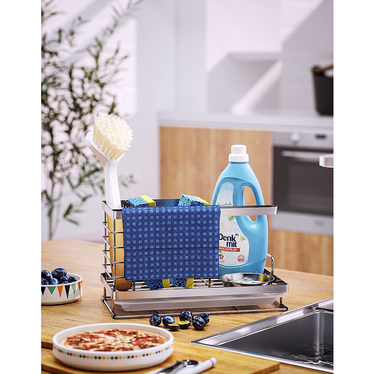 SWTYMIKI Kitchen Sink Caddy Organizer with Dishcloth Holder, Rustproof Stainless Steel Sponge Holder with Removable Drain Tray, Sink Rack Holds Sponge, Dishcloth and Brush in Silver