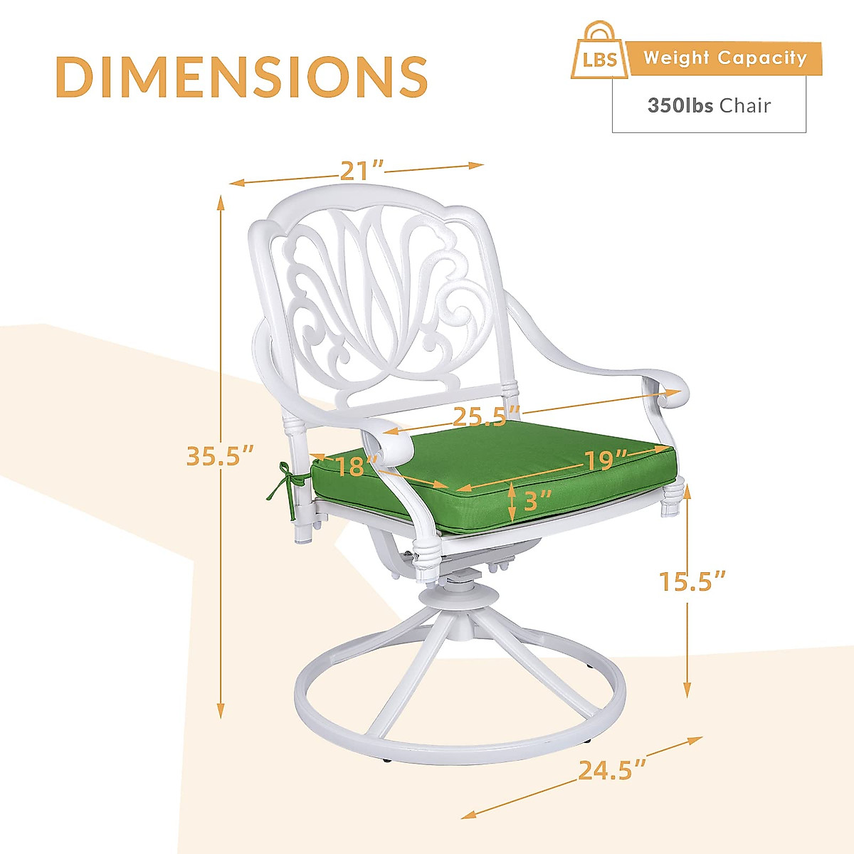 W WARMHOL Patio Dining Chairs Set of 2 Swivel Patio Chairs, Outdoor All-Weather Cast Aluminum Furniture Chairs Set with Cushion, Bistro Rocker Chairs for Deck, Lawn, Garden, Backyard, White
