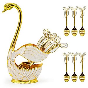 Flylin Coffee Spoon Holder Coffee Dessert Spoon Set Metal Swan Base Holder Spoon Organizer with 6pcs Ice Cream Spoons Teaspoons Coffee Dessert Flatware (Gold)