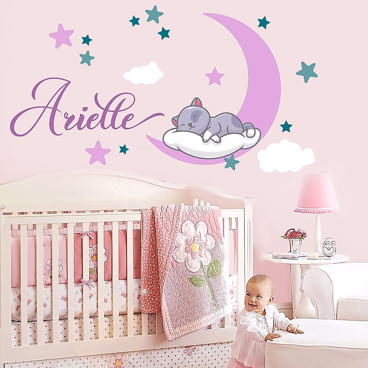 waldo Multiple Font Custom Name Moon Stars Nursery Theme Wall Decal - WM49G. Removable for Baby Room Mural Kids Girl Cat Girls Bedroom