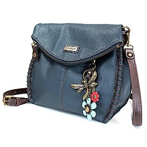 CHALA Charming Crossbody Bag - Flap Top and Metal Key Charm in Navy Blue, Cross-Body or Shoulder Purse - Dragonfly
