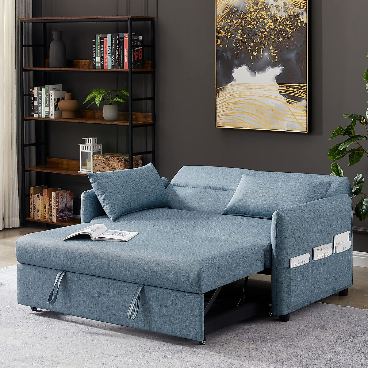 Aoowow Convertible Sleeper Sofa Bed 57 Inches, Faux Leather 2 Seats Sofa with Pull Out Bed,Loveseat Sofa Couch with Adjustable Backrest, 2 Pillows Pocket for Living Room Small Apartment (Sky Blue)