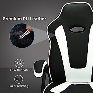 Ninecer Ergonomic Gaming Chair Cheap, Racing Style High Back Office Chair Computer Chair, PU Material with Padded Armrests and Height Adjustment Video Game Chair (White)…