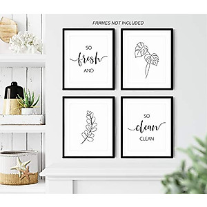 XWELLDAN Modern Bathroom Quotes So Fresh And So Clean Clean Minimalist Leaves Line Wall Art Poster Prints, Boho Plant Bathroom Wall Art Decor, 8 x 10 Inch Set of 4 Prints, Unframed