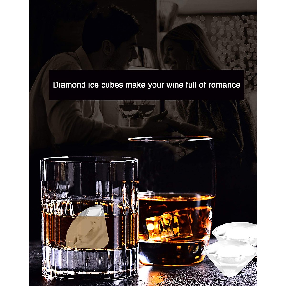 Diamond Ice Cube Molds (Set of 2) Whiskey Ice Cube Tray ，Ice Cube Maker Tray,Diamond Silicone Ice Cube Molds with Lids,Reusable and BPA Free