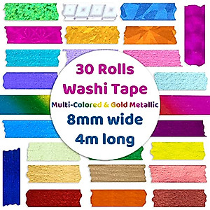 30 Rolls Washi Tape,Multi-Colored & Gold Metallic Washi Masking Tape - 8mm x 4m Rainbow Paper Tape for DIY Crafts (Mix)