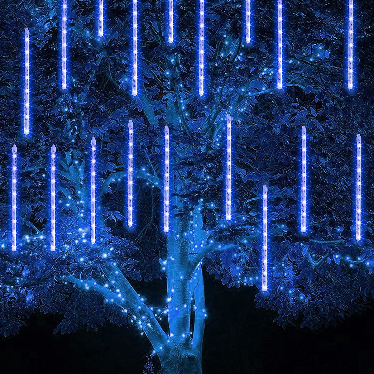 TW SHINE Christmas Meteor Shower Lights Outdoor, 864 LED 12" 24 Tubes Waterproof Christmas Lights Outdoor Plug in, Snow Falling Rain Icicle Xmas Lights Decorations, Blue