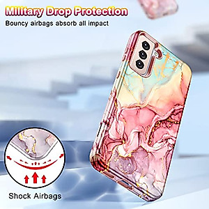 Btscase for Samsung S21 FE 5G 2022 Case, Marble Pattern 3 in 1 Heavy Duty Shockproof Full Body Rugged Hard PC+Soft Silicone Drop Protective Women Girl Cover for Samsung Galaxy S21 FE 5G, Rose Gold