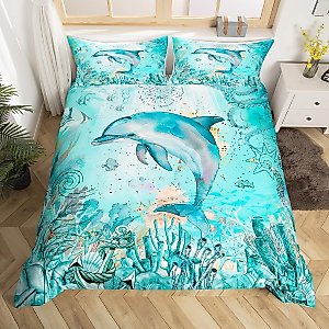 Feelyou Dolphins Duvet Cover Queen, Ocean Comforter Cover Sea Dolphins Bedding Set for Kids Boys Girls Ocean Coastal Bedspread Cover Zipper(No Comforter)