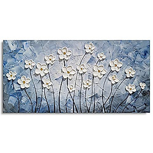 YHSKY ARTS Floral Canvas Wall Art Hand Painted Blue and White Heavy Textured Painting Modern Abstract Flower Pictures Contemporary Artwork for Living Room Bedroom Office Decoration