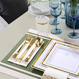 175 Piece Gold Dinnerware Set 25 Guest-50 Square Plastic Plates-25 Gold Plastic Silverware-25 Gold Plastic Cups-25 Gold Paper Napkins, FOCUSLINE Disposable Dinnerware Set