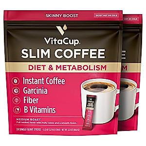 VitaCup Slim Instant Coffee Packets, Boost Diet & Metabolism with Ginseng, Garcinia, B Vitamins, Skinny Coffee, Bold & Smooth, Medium Dark Roast, 100% Arabica Coffee in Single Serve Sticks, 48 Ct