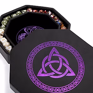 DND Dice Tray - Premium 8 Inch Tray Dungeons and Dragons - Exquisitely Detailed Purple World Tree & Triquetra Design - Perfect Rolling & Box Storage to Protect Your Dice for D&D and RPG