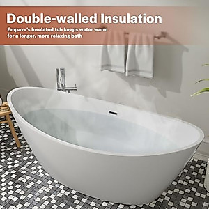 Empava 67 Inch Acrylic Freestanding Bathtub Contemporary Soaking Tub with Brushed Nickel Overflow and Drain EMPV-BT1518, Glossy White