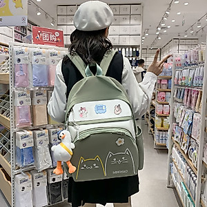 Kawaii Backpack for girls,17in Cute Cat Embroidery School Backpack Set with Lunch Bag Pencil Box,3PCS Aesthetic Student Bookbags,Green