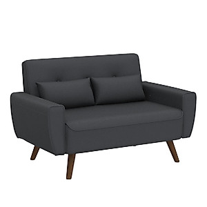 Pingliang Home 48" Small Loveseat Sofa, Mid Century Modern Linen Love Seat Couch, 2 Seat Tufted Couches with Throw Pillows and Wood Legs for Living Room, Apartment, Bedroom and Small Spaces