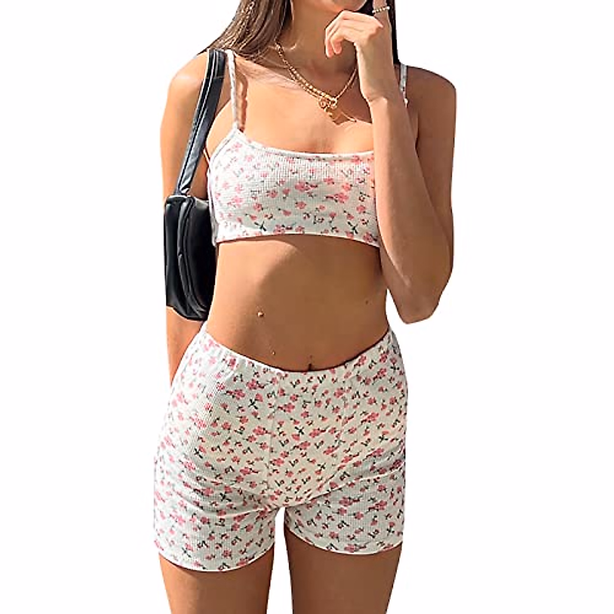 Multitrust Women Two Piece Matching Sets Knit Lounge Set Y2K Crop Tops and High Waist Shorts Summer Loungewear Streetwear (A White, S)