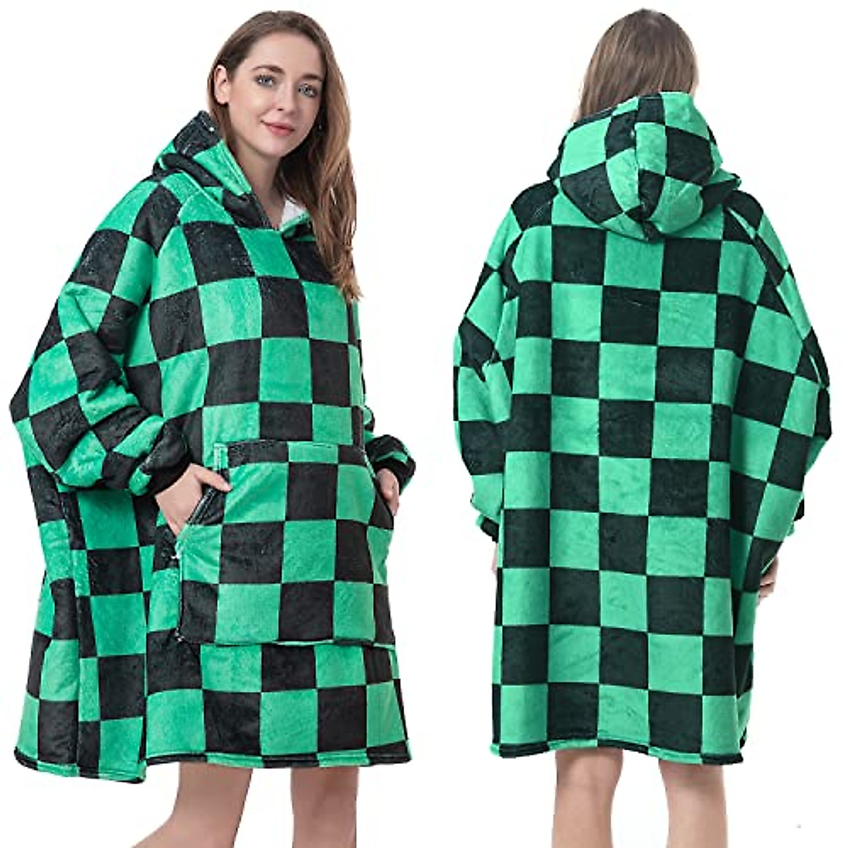 ARTHMOM Comfy Wearable Blanket Hoodie for Women Men Adult, Oversized Sherpa Fuzzy Fleece Sweatershirt Blanket with Giant hood and Pocket, One Size Fits All (Plaid-Green)