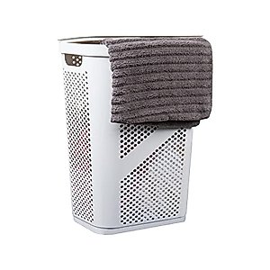 Mind Reader Basket Collection, Slim Laundry Hamper, 60 Liter (15kg/33lbs) Capacity, Cut Out Handles, Attached Hinged Lid, Ventilated, 13.75"L x 17.25"W x 23.5"H, White