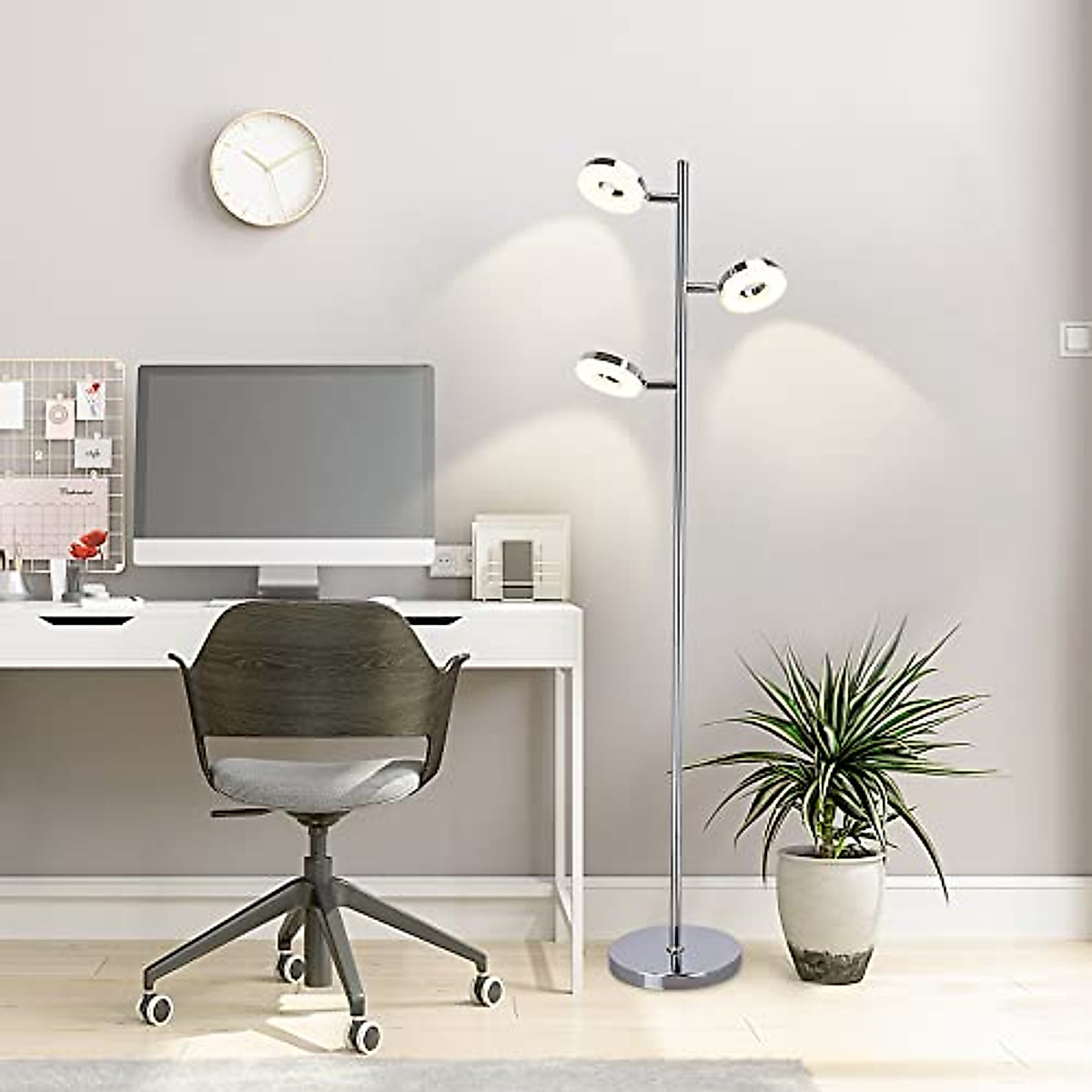 DINGLILIGHTING DLLT Modern 3-Light LED Floor Lamp, Indoor Standing Light with Adjustable Head, Contemporary Tall Pole Tree Corner Lamp, Craft Spotlight Lamps for Living Room, Bedroom, Office, Silver