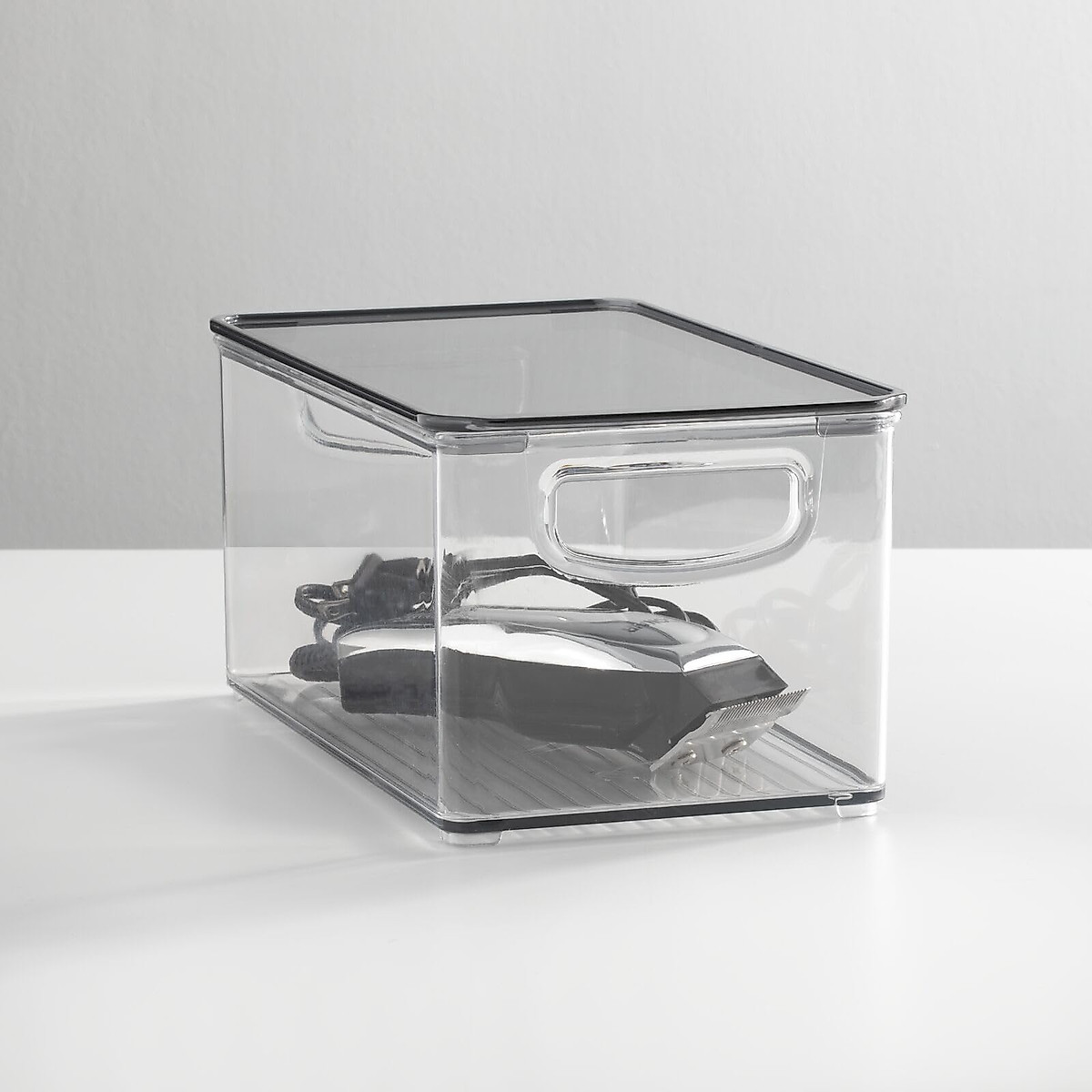 mDesign Deep Plastic Bathroom Storage Bin Box, Lid/Built-In Handles, Organization for Makeup, Hair Styling Tools, Toiletry Accessories in Cabinet, Shelves, Ligne Collection, 4 Pack, Clear/Smoke Gray