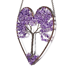 PESOENTH Amethyst Heart Life Tree Dream Catcher Hanging Ornament Bohemian Purple Double Hearts Life Tree Wall Art Window Car Hanging Decorations for Home Bedroom Decor