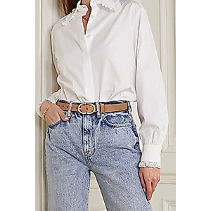 CR Womens Brown Leather Belts for Jeans Pants - 1.3" Width Casual Ladies Tan Belt - Fashion Center Bar Gold Buckle