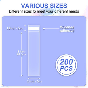 COQOFA Long Self Adhesive Cellophane Bags 2x8" 200 Pcs Clear Cookie Candy Treat Bags Resealable Self Sealing Plastic Cello Bags Long Strip Transparent Individual Bags