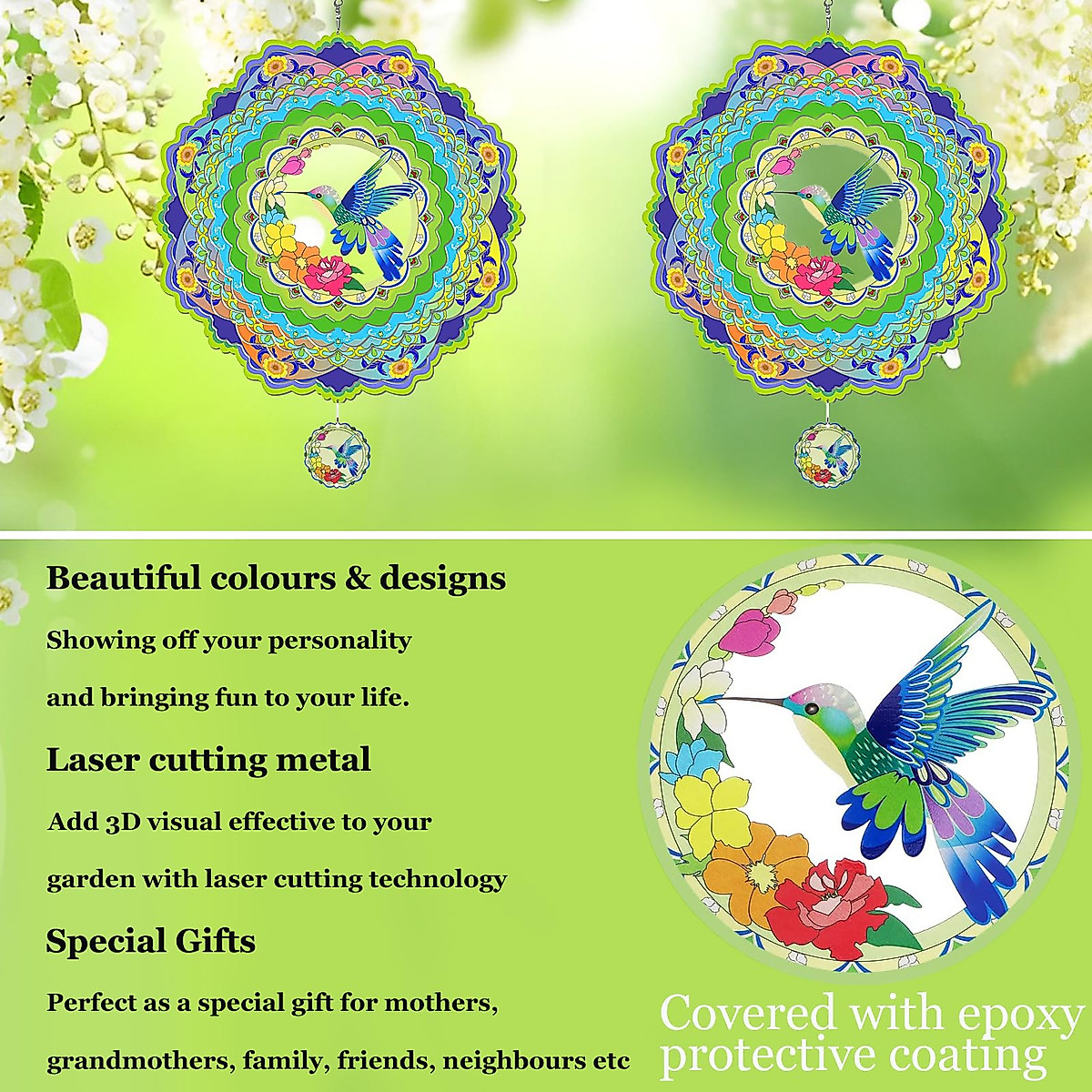 Hummingbird Wind Spinners for Yard and Garden,3D Wind Spinner, 12 inch Metal Wind Sculpture Stainless Steel Wind Catchers for Outdoor Indoor Crafts Ornaments Decoration Gifts(Hummingbird)