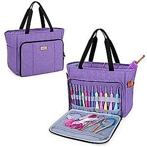 CURMIO Knitting Tote Bag, Yarn Storage Bag with Pockets for Crochet Hooks, Knitting Needles, Knitting Project and Accessories, Purple (Bag Only, Patented Design)